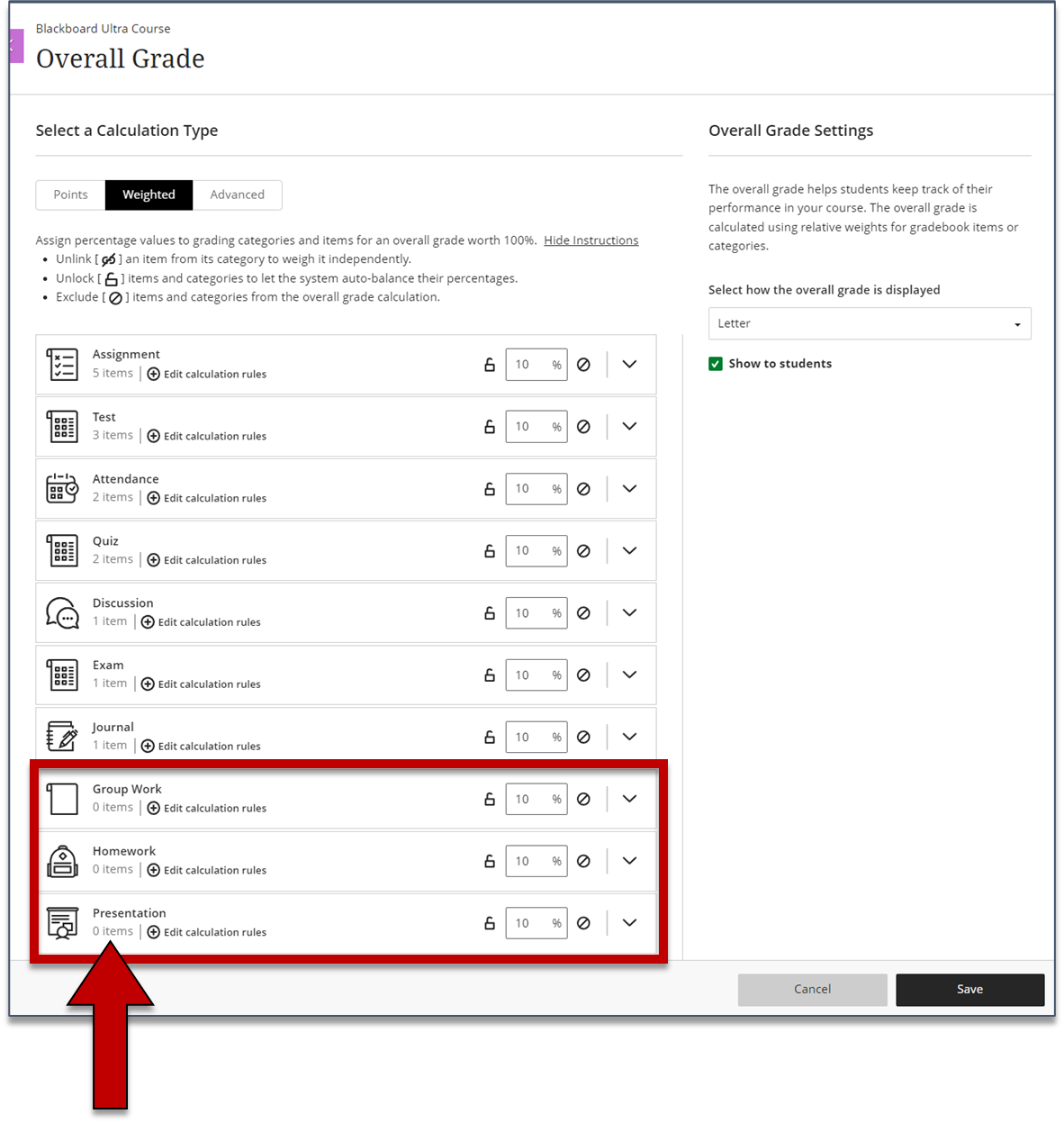 Setting Up the Overall Grade (Weighted Total) | Blackboard Ultra ...
